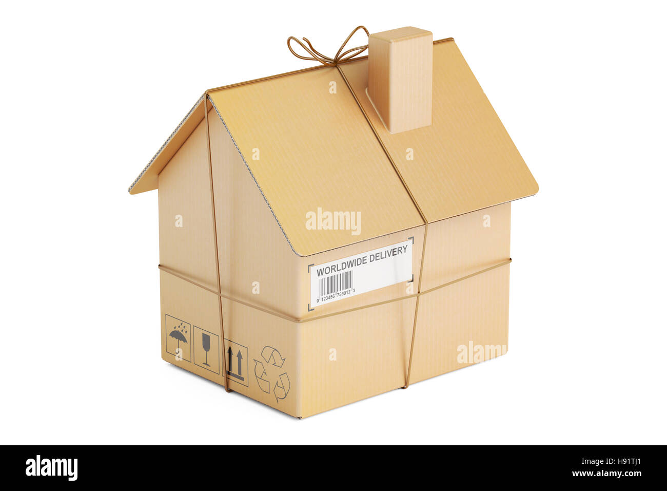 Residential Moving concept, cardboard house parcel, 3D rendering Stock ...