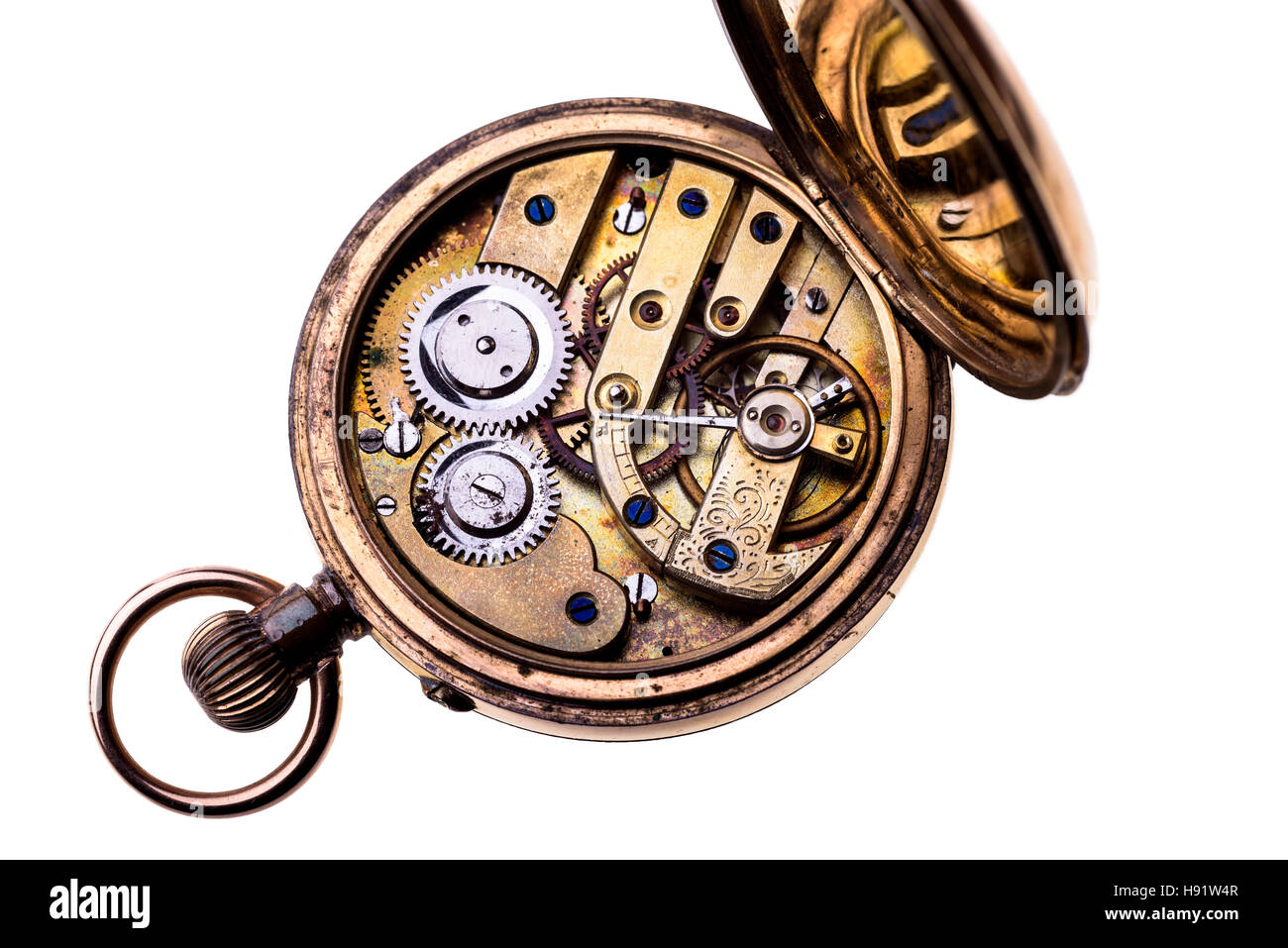 Close up of pocket watch movement. On white background Stock Photo - Alamy