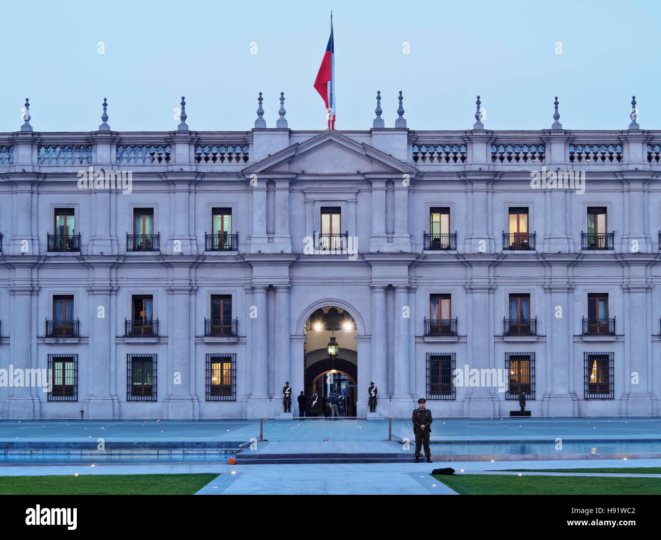 Chile, Santiago, Twilight view of La Moneda Palace from the Plaza de la ...