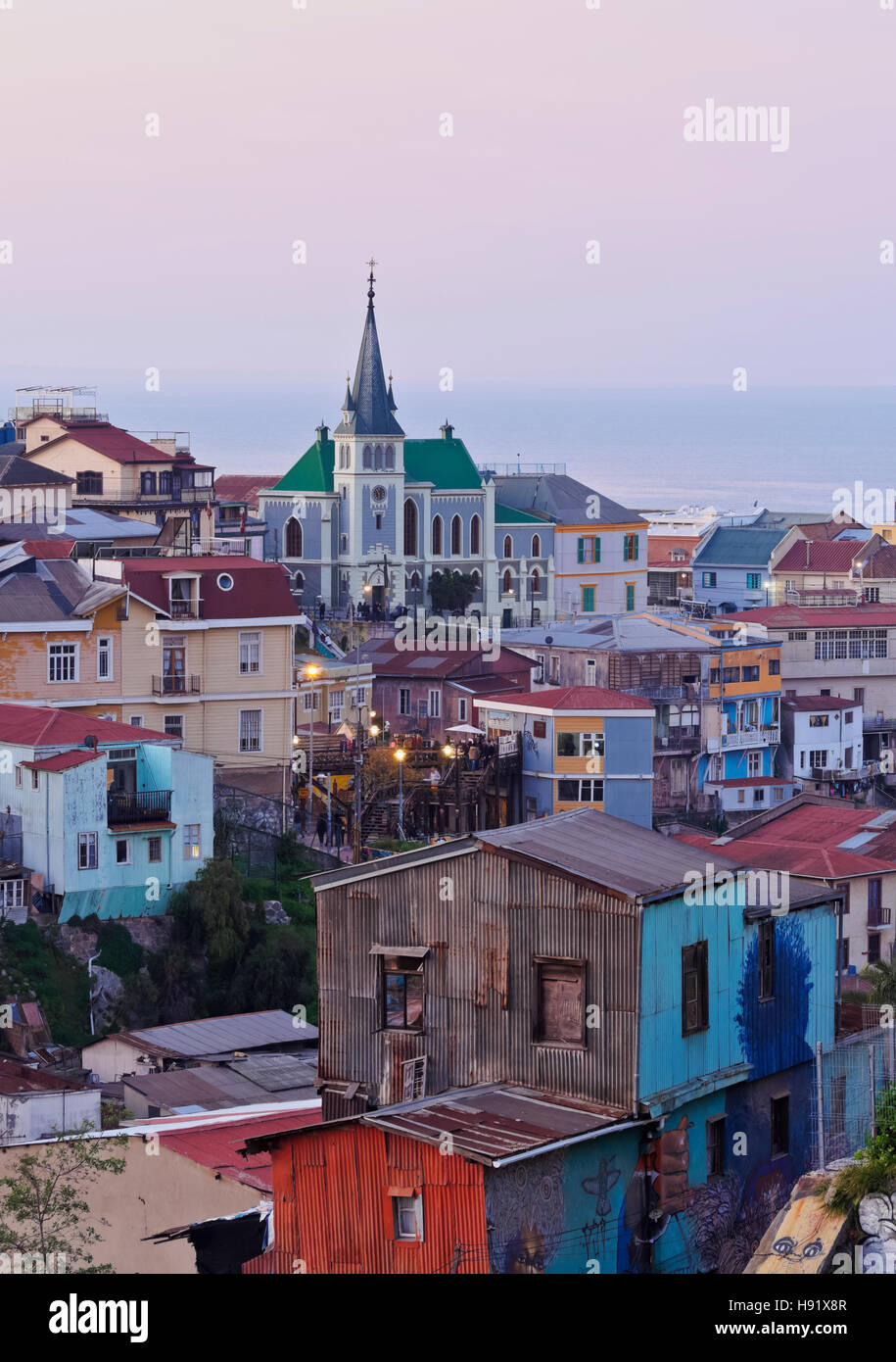 Chile, Valparaiso, Elevated view of the historic quarter Cerro ...