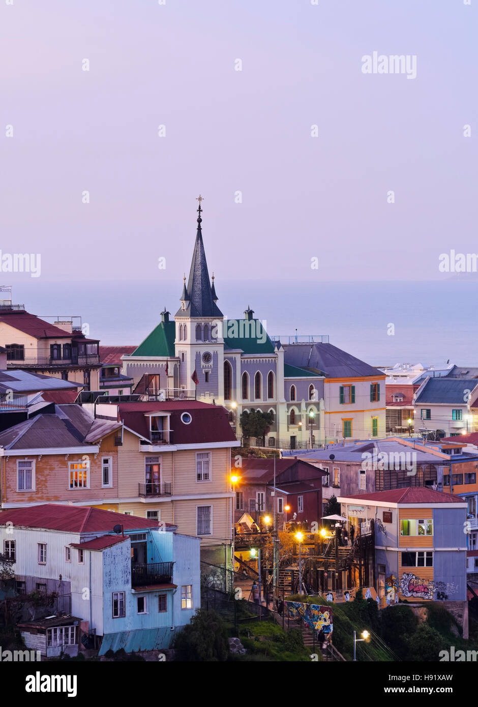 Chile, Valparaiso, Elevated view of the historic quarter Cerro ...