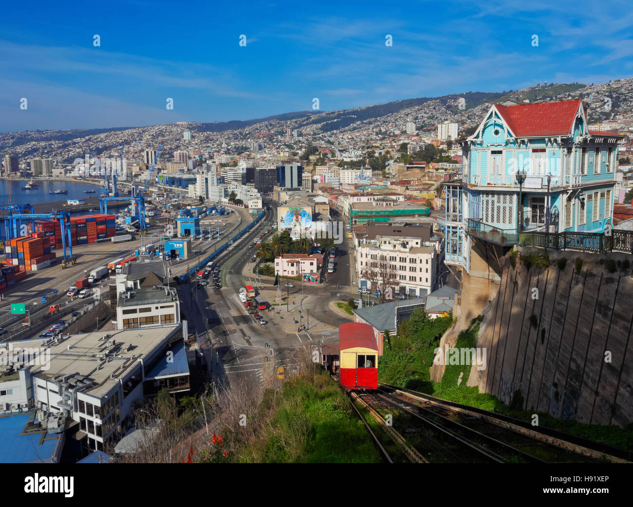 Chile, Valparaiso, View of the Artilleria Funicular Railway Stock Photo ...
