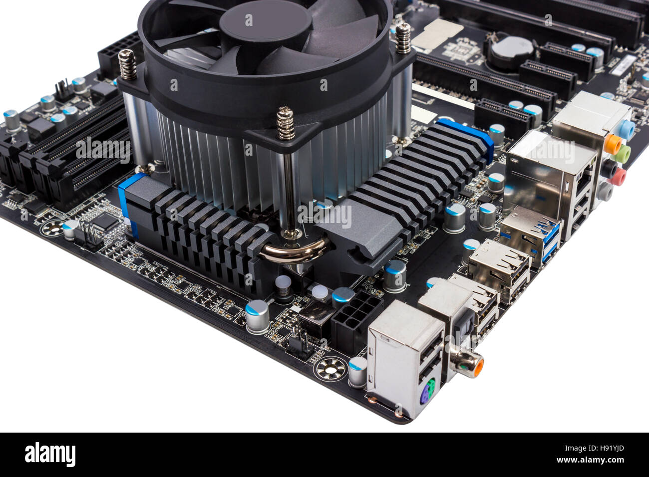 Computer motherboard isolated on white background with CPU cooler Stock ...