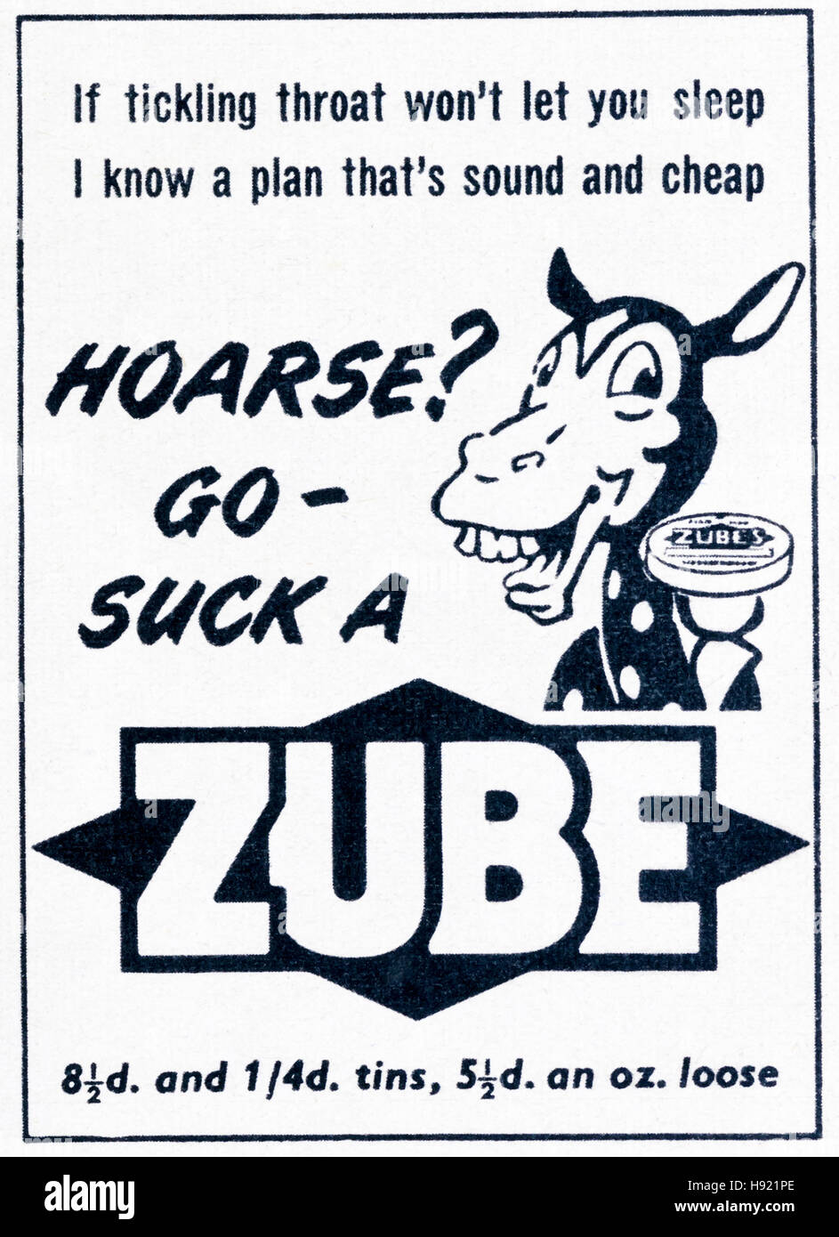 A 1950s magazine advertisement advertising Zubes cough sweets Stock ...