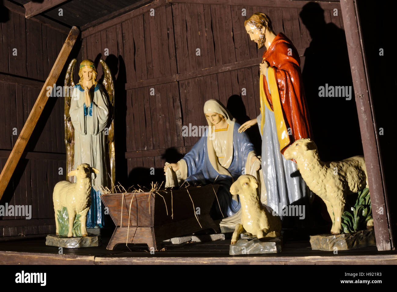 Christmas display of Holy family in traditional outdoor nativity ...