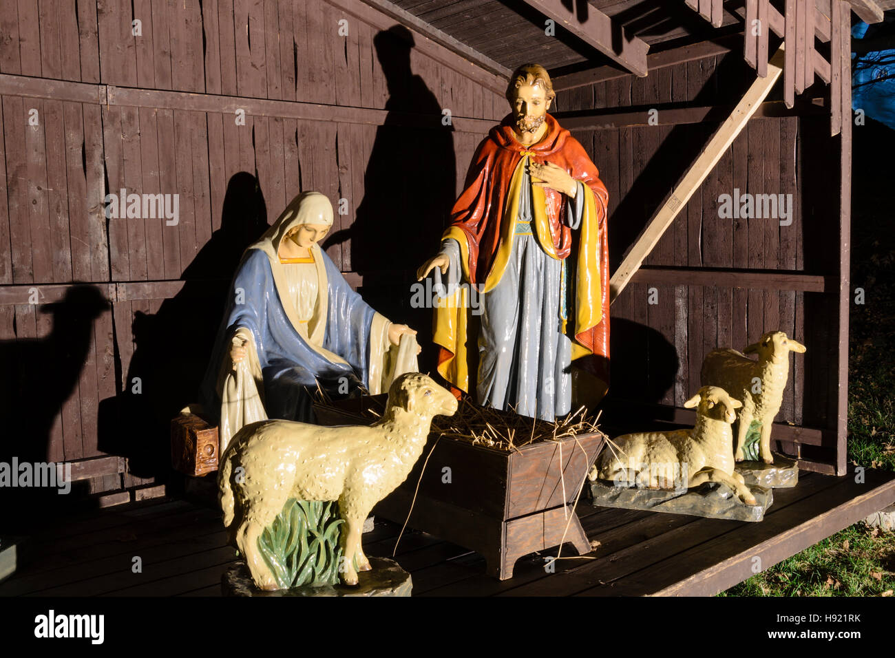 Christmas display of Holy family in traditional outdoor nativity ...