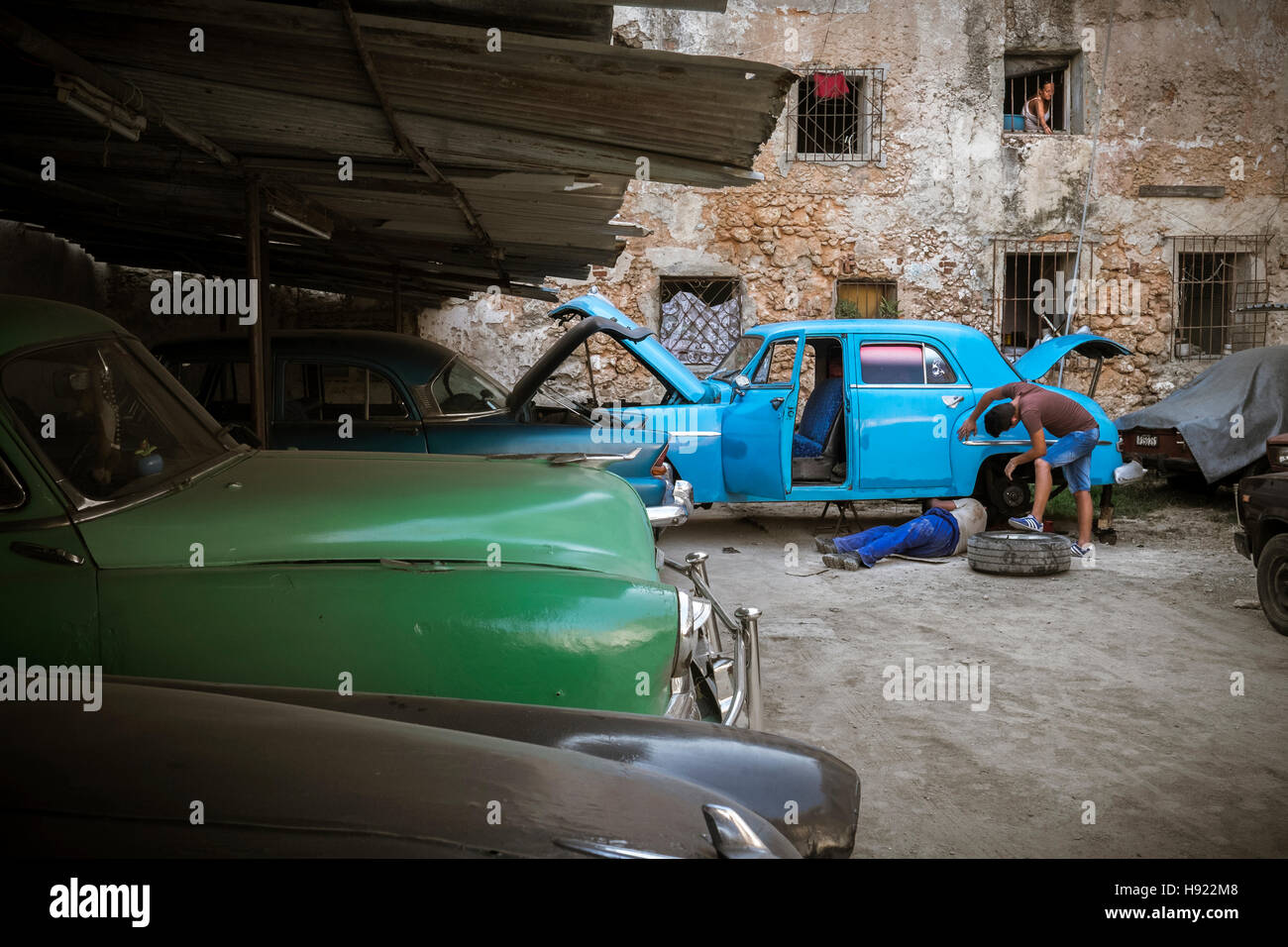 Havana, Cuba: Street scenes, auto repair lot, Old Havana Stock Photo ...