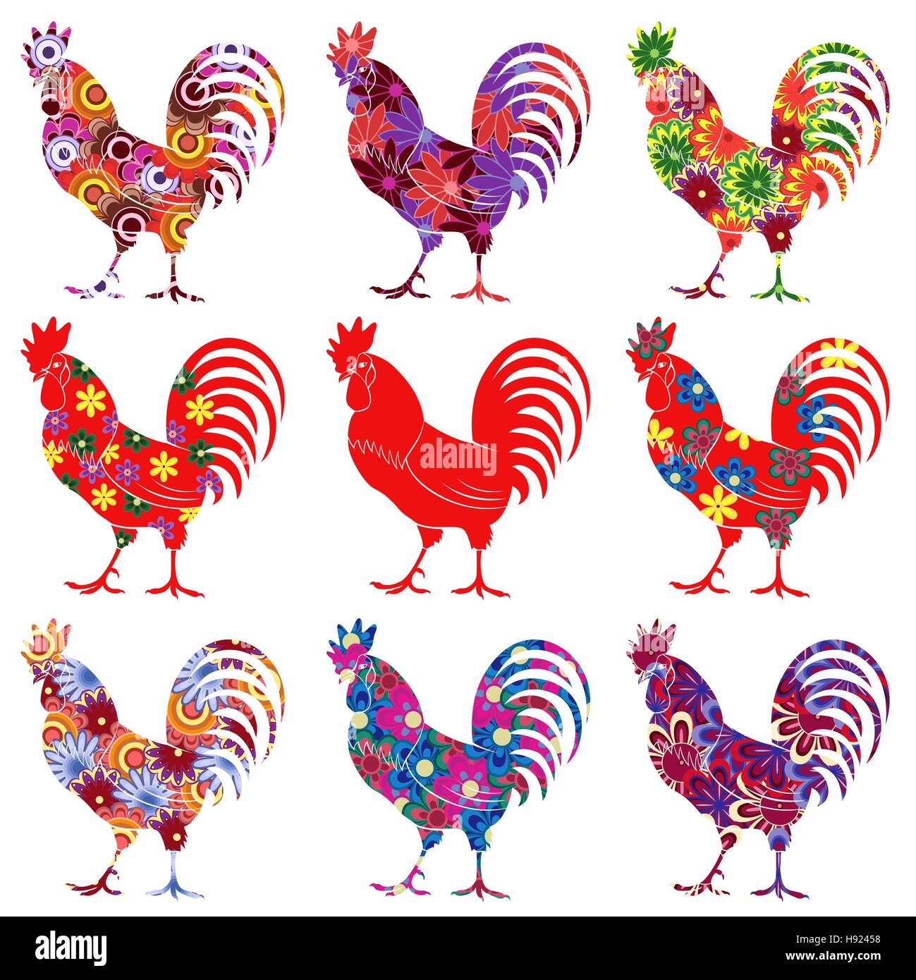 Set of nine roosters, one in red colour and others with colourful ...