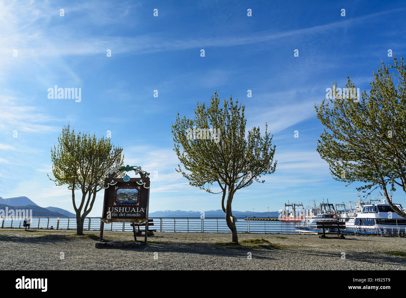 Sign of Ushuaia Fin el Mundo at port Stock Photo - Alamy
