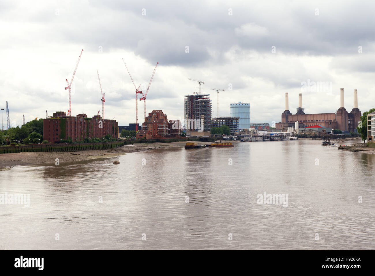 River Thames, construction cranes, Battersea power station, London ...