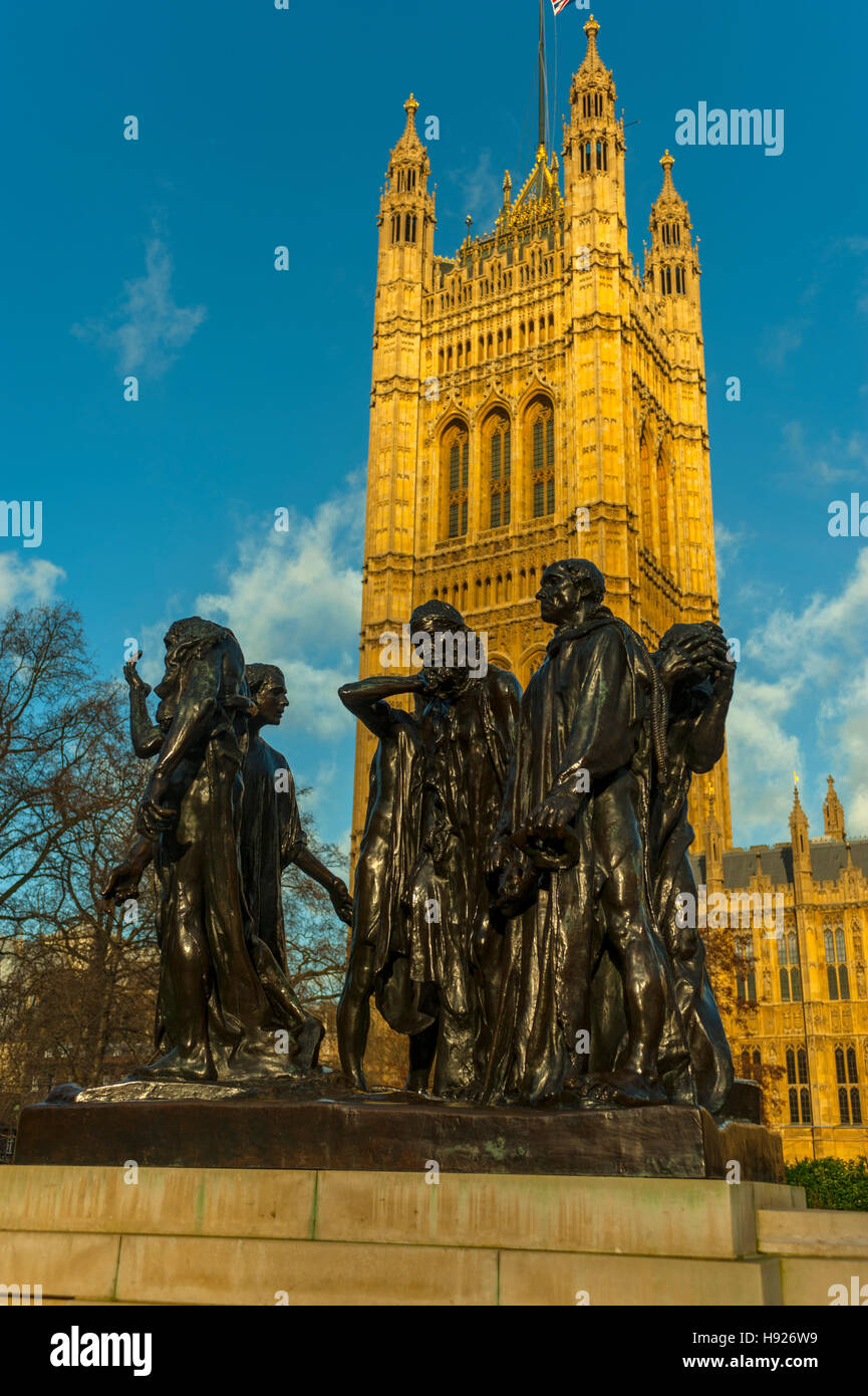The Burghers of Calais by August Rodin with the palace of Westminster ...