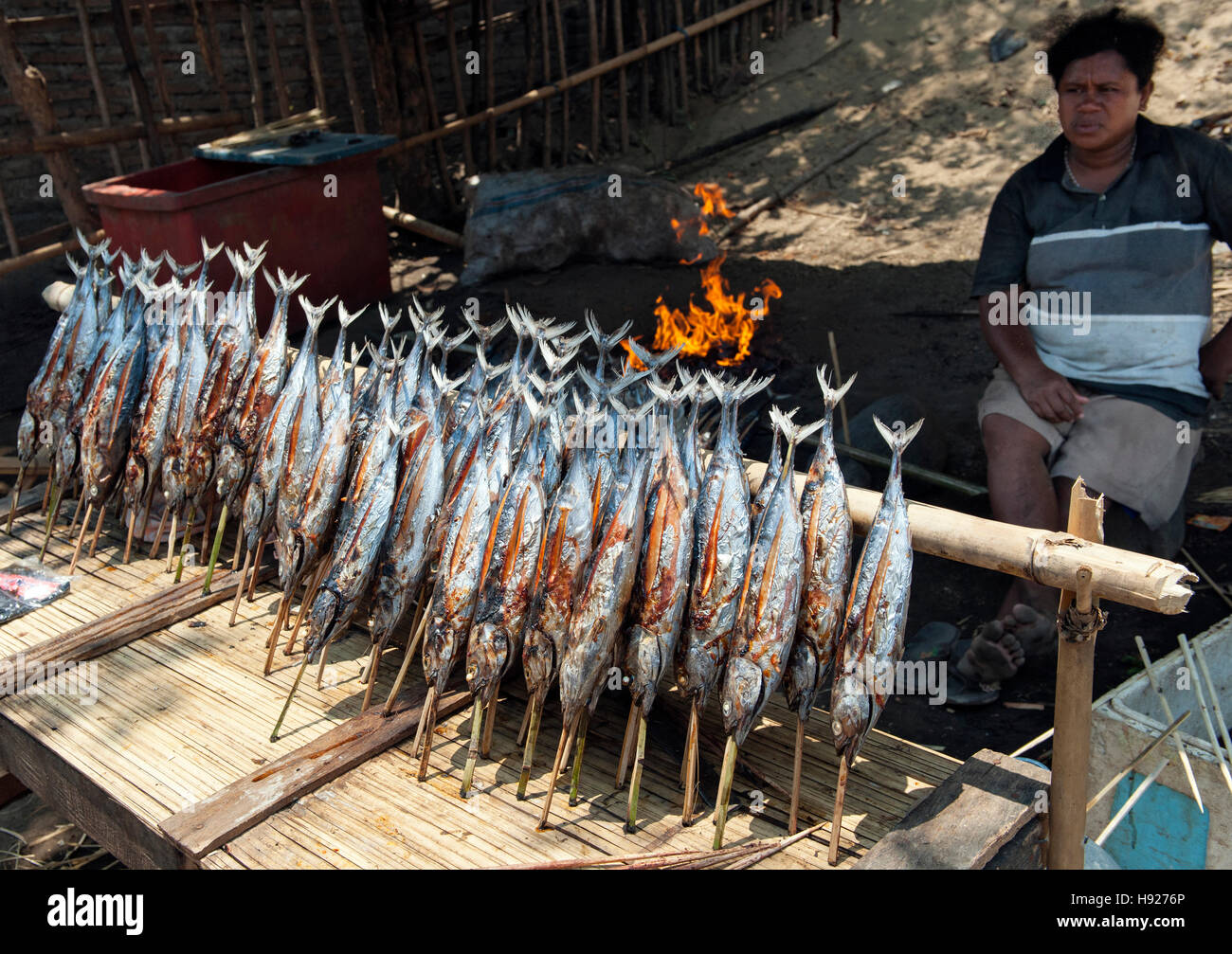Cakalang fish on sale at a roadside stall between the towns Maumere and ...