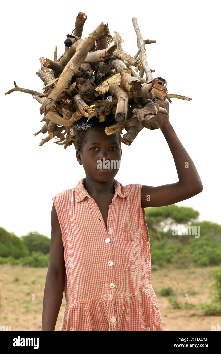 Mozambican girl carrying firewood on her head Stock Photo - Alamy