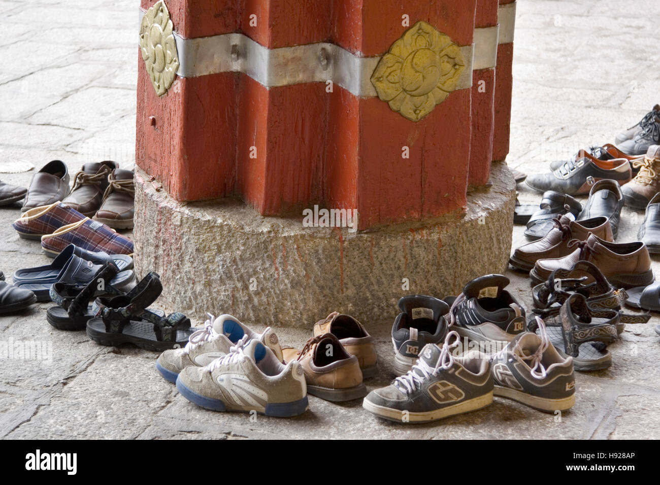 Shoes outside Prayer Hall of Drepung Monastery Lhasa in Tibet Stock ...