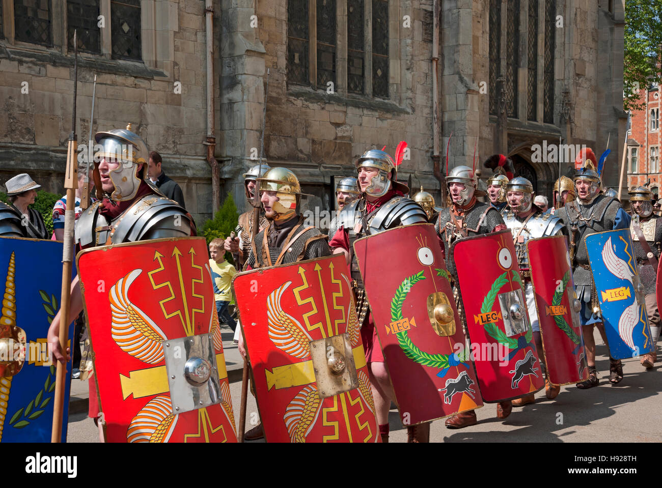 Soldiers marching through the city centre at the Roman Festival in York ...