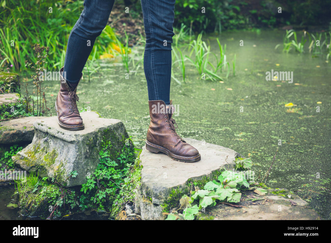 Stepping stones across garden pond hi-res stock photography and images ...