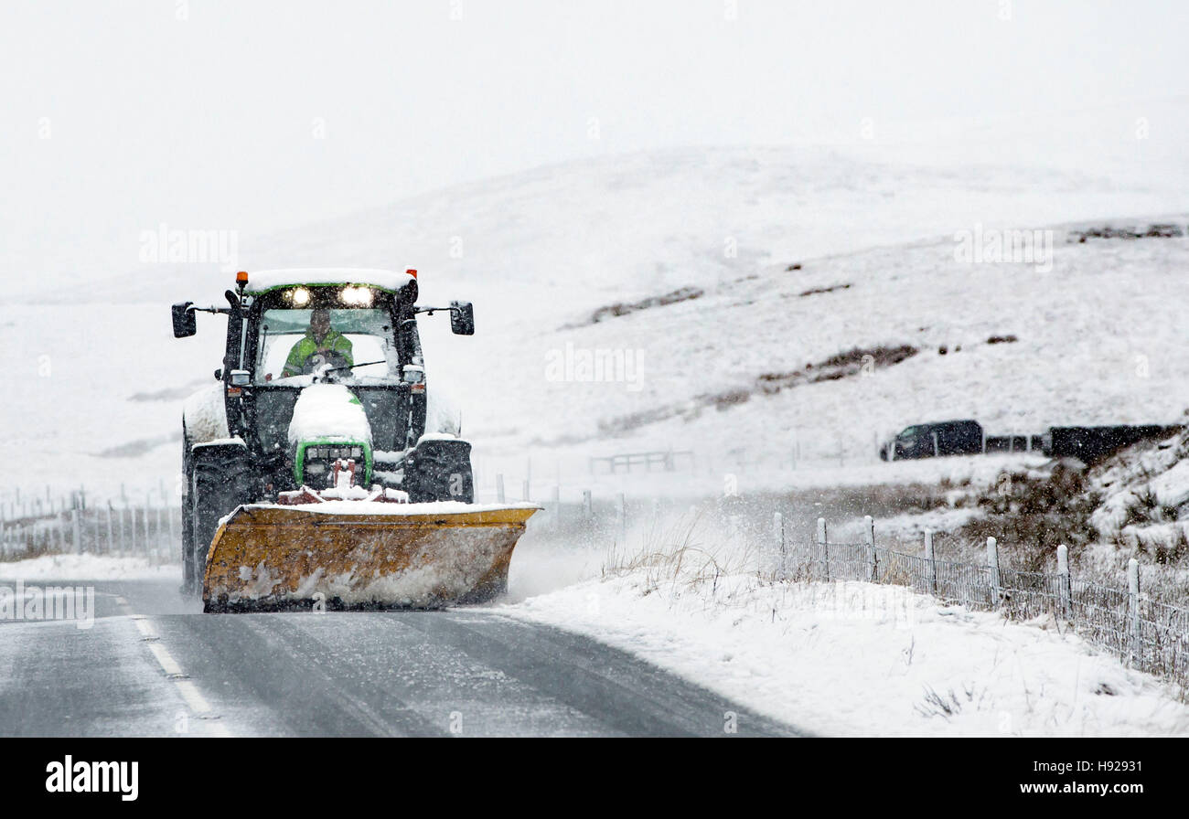A snow plough on the road between Ingleton and Hawes in the Yorkshire ...