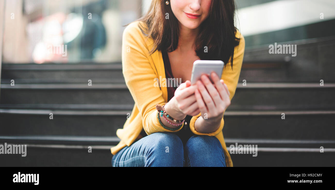 Woman Mobile Phone Connection Waiting City Technology Concept Stock ...