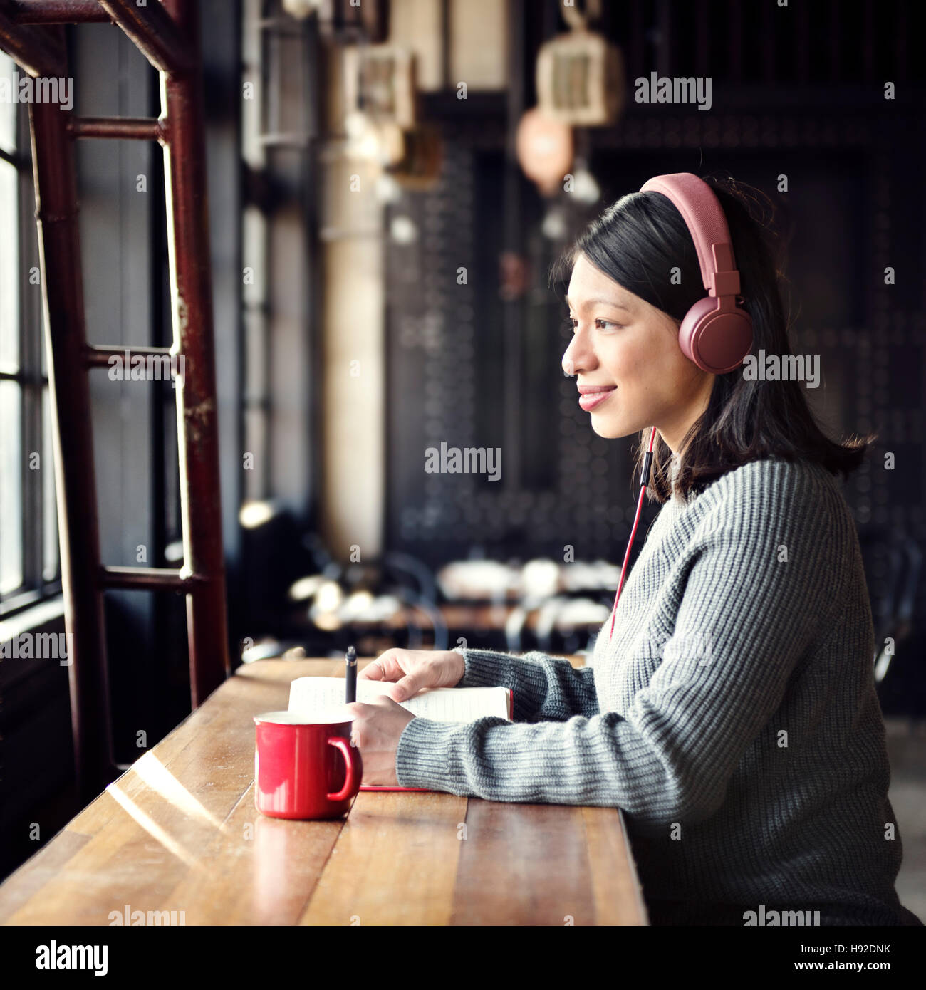 Woman Hobby Coffee Shop Listening Music Concept Stock Photo - Alamy