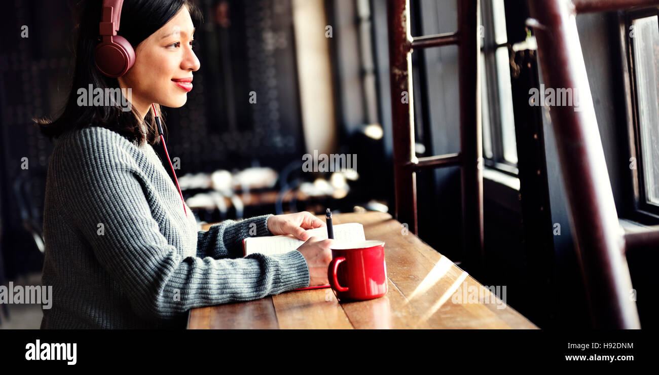 Woman Hobby Coffee Shop Listening Music Concept Stock Photo - Alamy