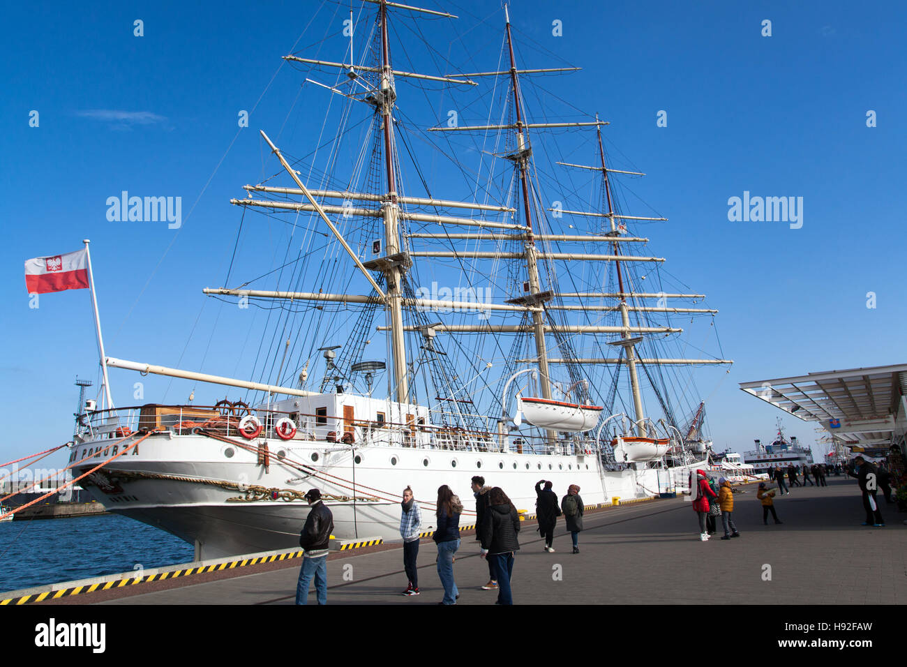 Old sailing boat in the harbour at the port of Gdynia on the Baltic ...