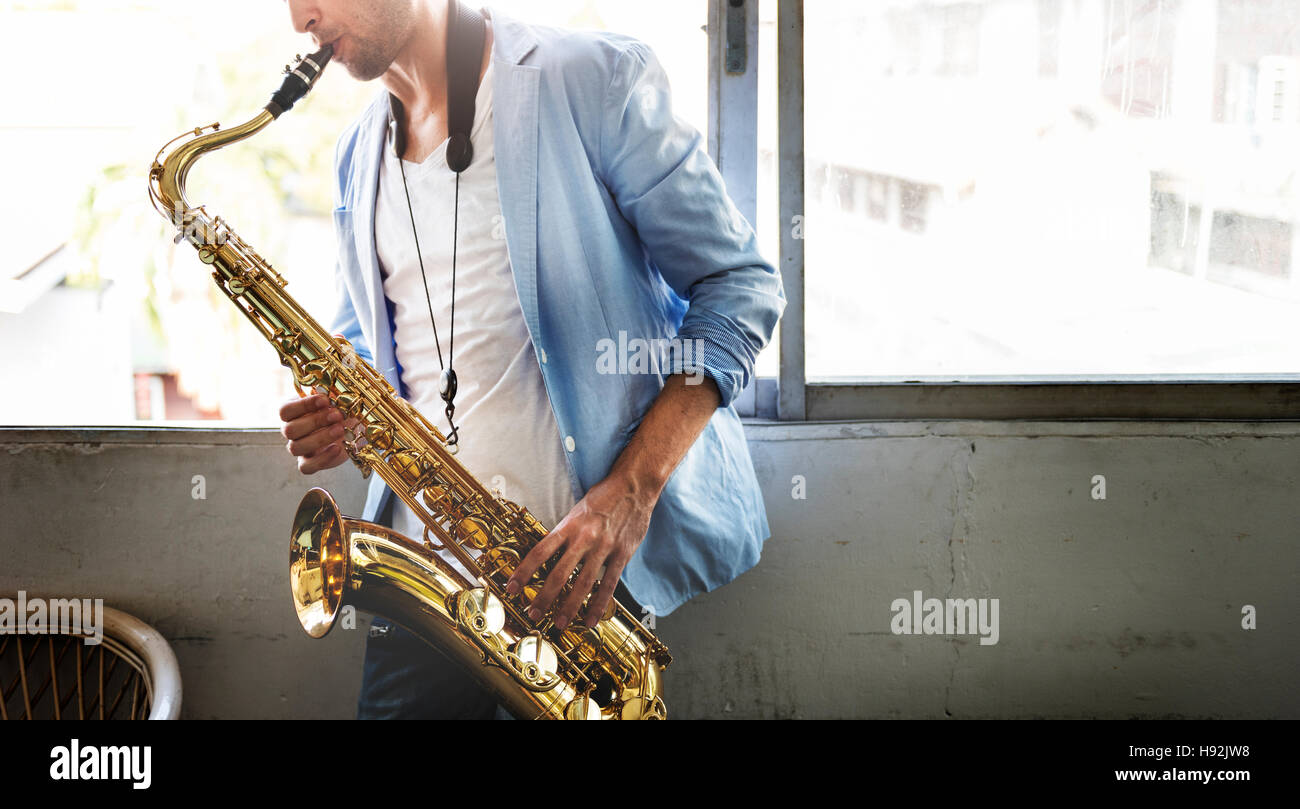 Jazzman Musical Artist Playing Saxophone Concept Stock Photo - Alamy