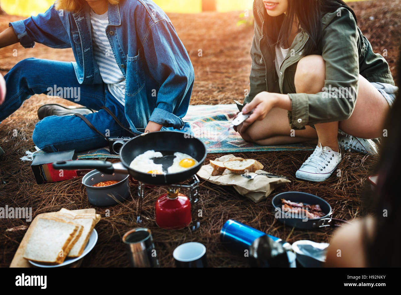 Friends Cooking Forest Adventure Concept Stock Photo - Alamy