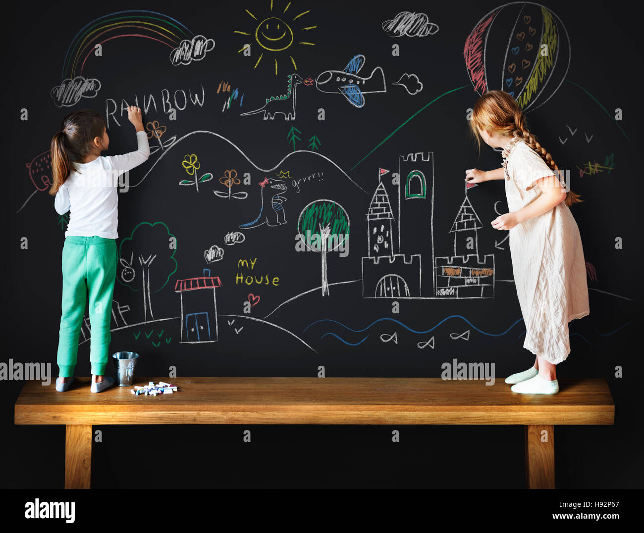 Creative Drawing Imagination Girl Blackboard Concept Stock Photo - Alamy