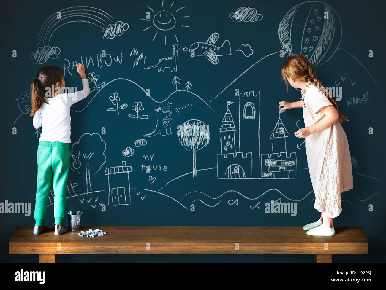 Creative Drawing Imagination Girl Blackboard Concept Stock Photo - Alamy
