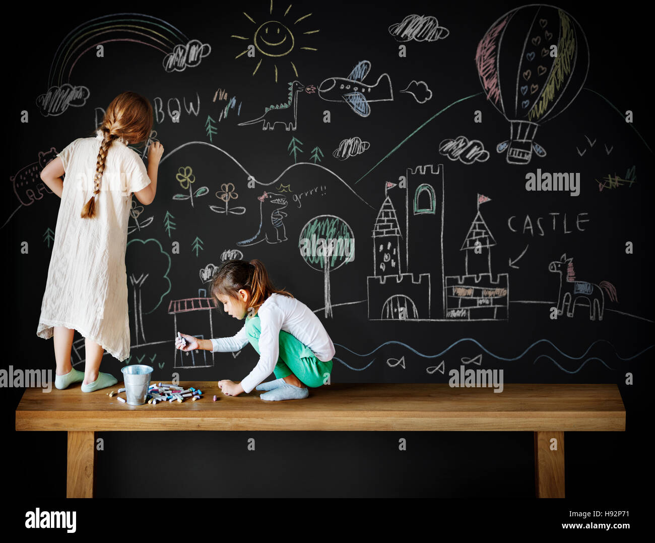 Creative Drawing Imagination Girl Blackboard Concept Stock Photo - Alamy