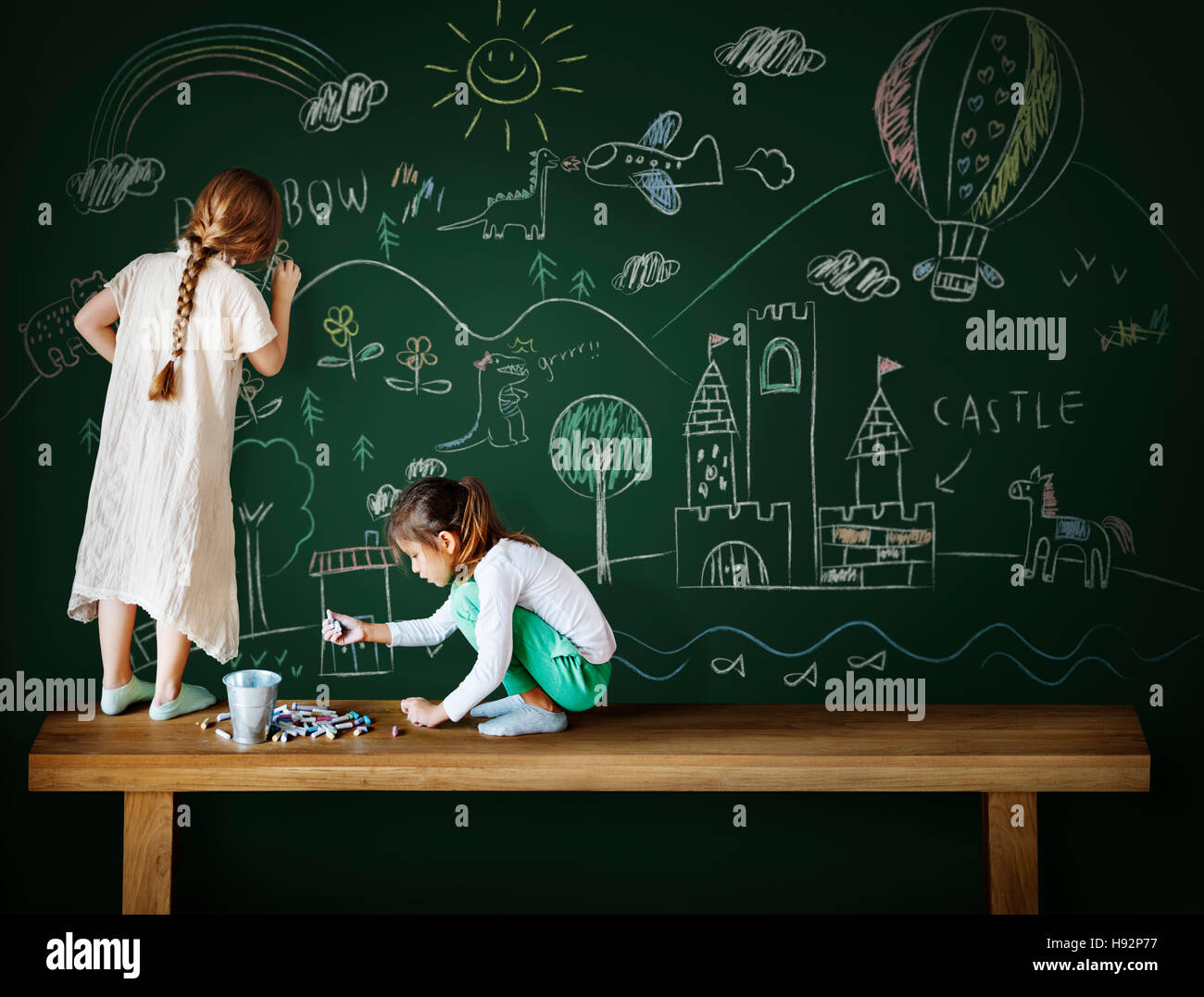 Creative Drawing Imagination Girl Blackboard Concept Stock Photo - Alamy