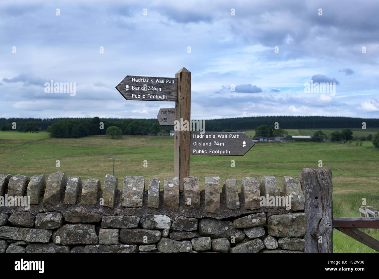 SIgn post on Hadrian's wall Stock Photo - Alamy