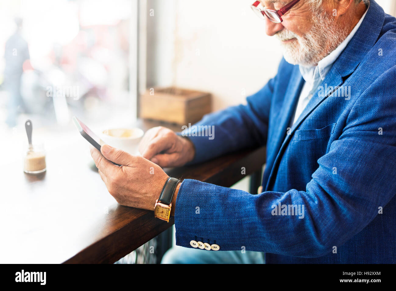 Senior Man Coffee Shop Communication Connecetion Technology Concept ...