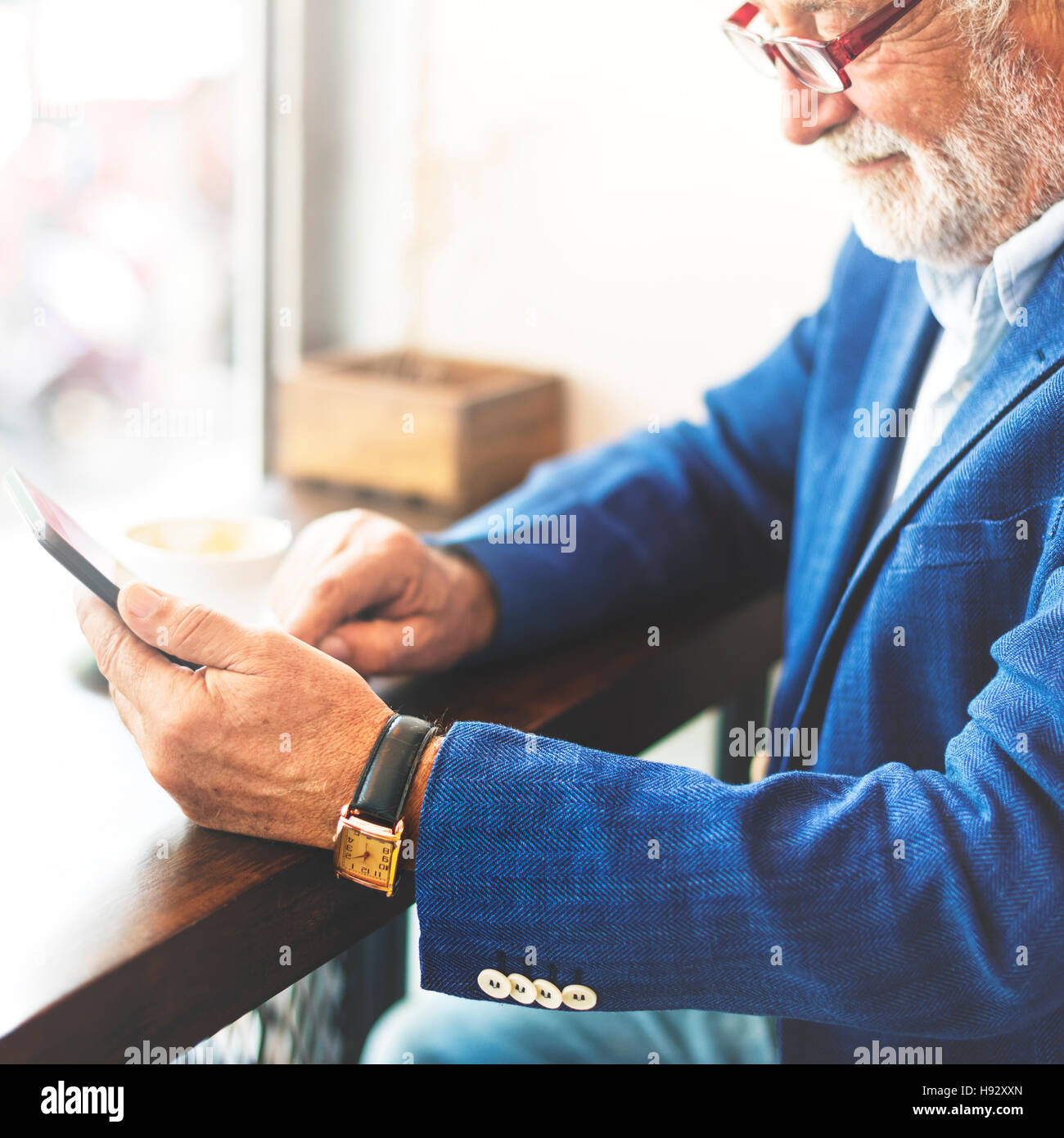 Senior Man Coffee Shop Communication Connecetion Technology Concept ...