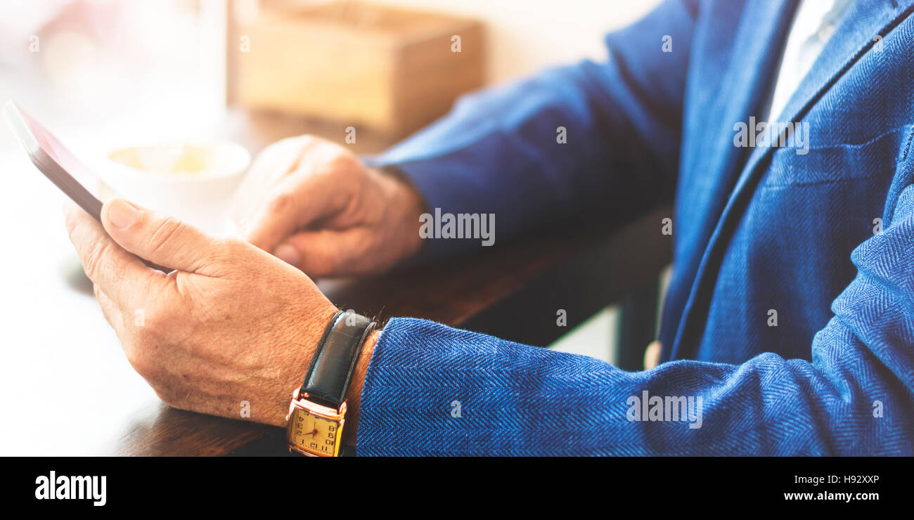Senior Man Coffee Shop Communication Connecetion Technology Concept ...