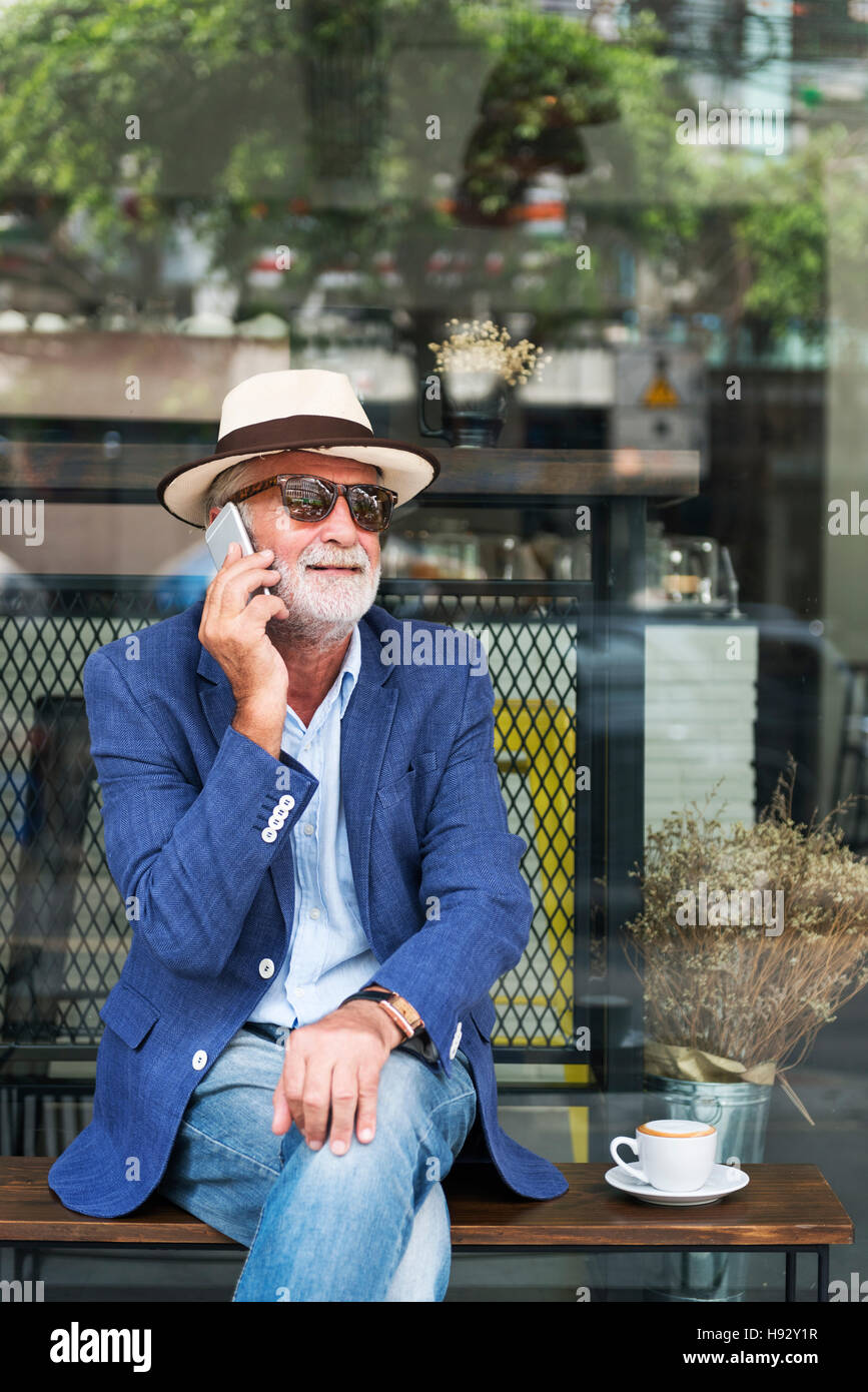 Senior Man Coffee Shop Communication Connection Technology Concept ...