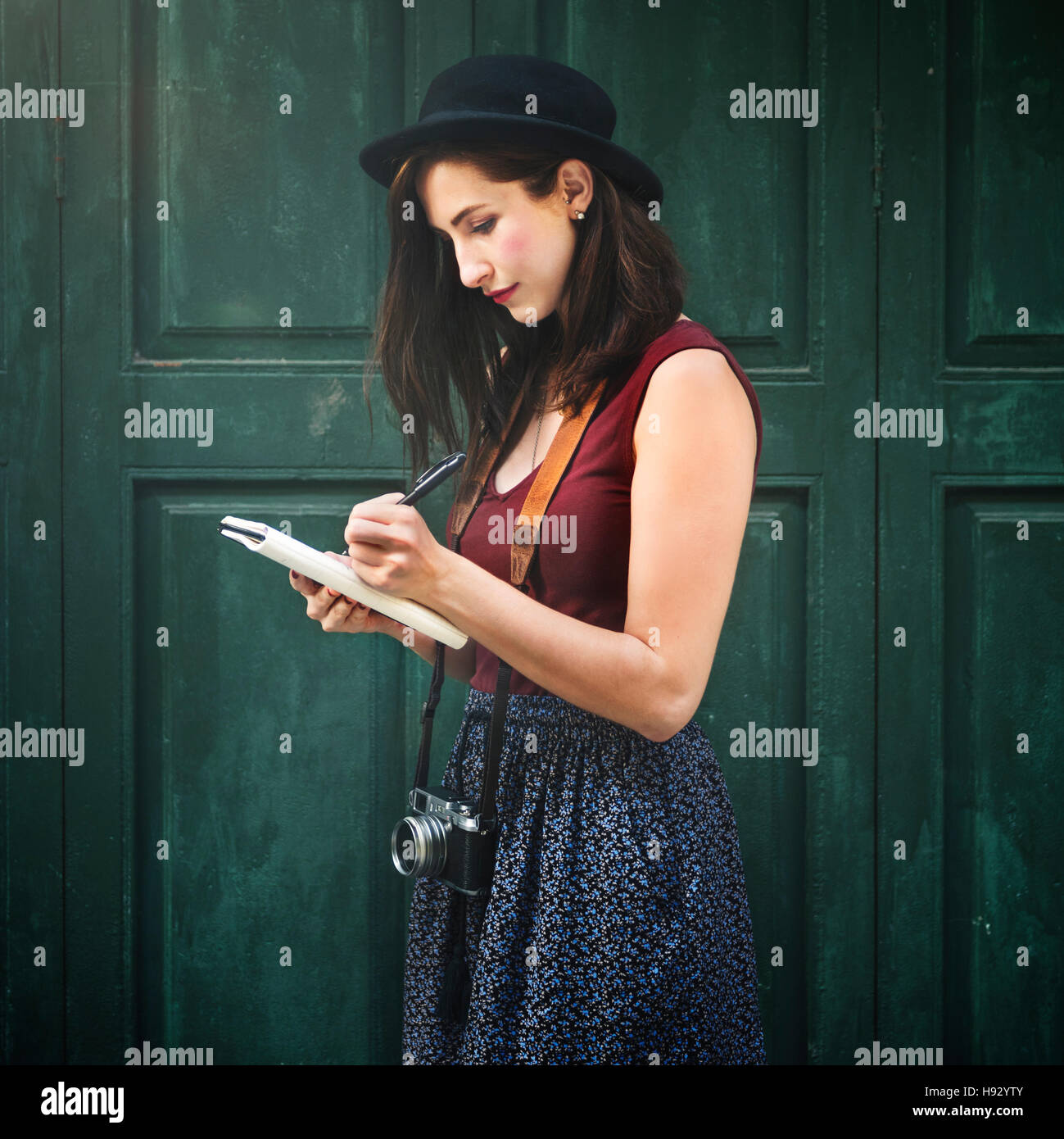 Woman Making Notes Outside City Concept Stock Photo - Alamy