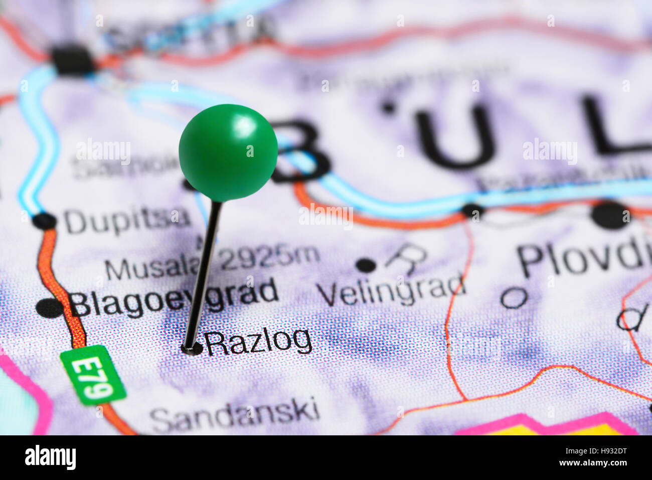 Razlog pinned on a map of Bulgaria Stock Photo - Alamy