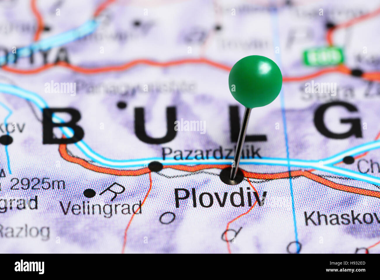 Plovdiv pinned on a map of Bulgaria Stock Photo - Alamy