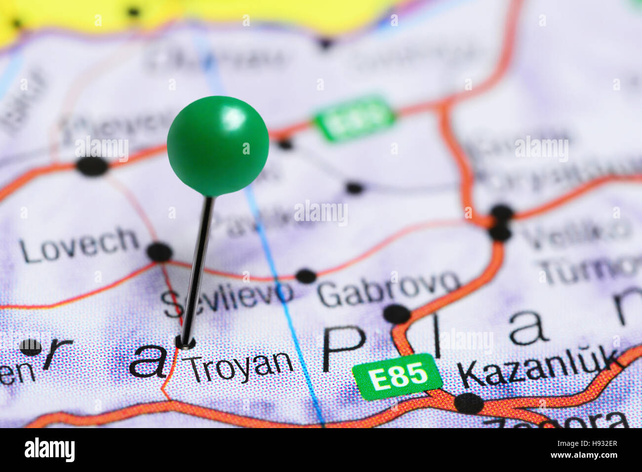 Troyan pinned on a map of Bulgaria Stock Photo - Alamy