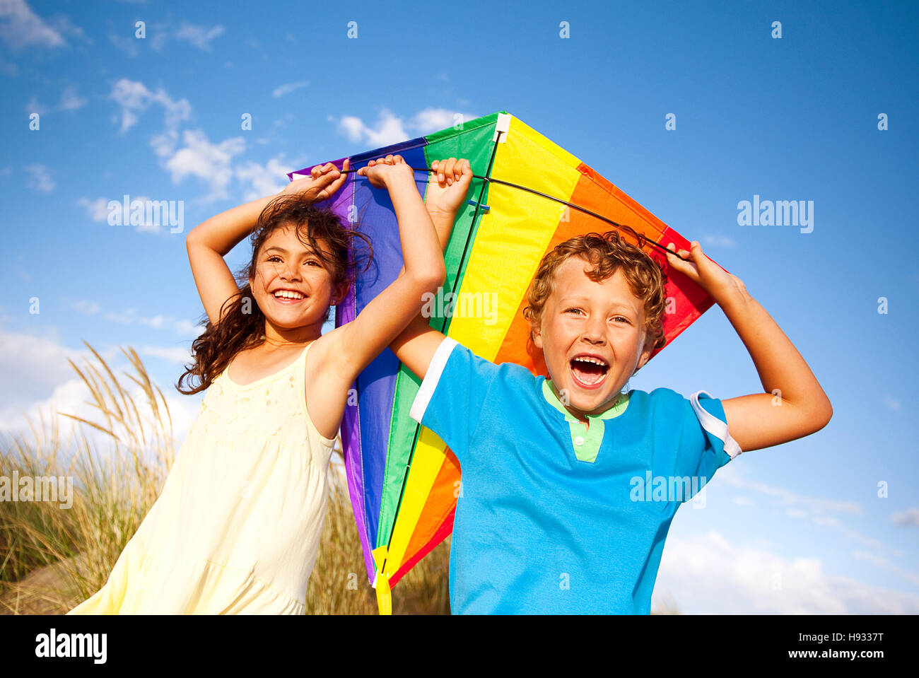 Cheerful Children Playing Kite Outdoors Concept Stock Photo - Alamy