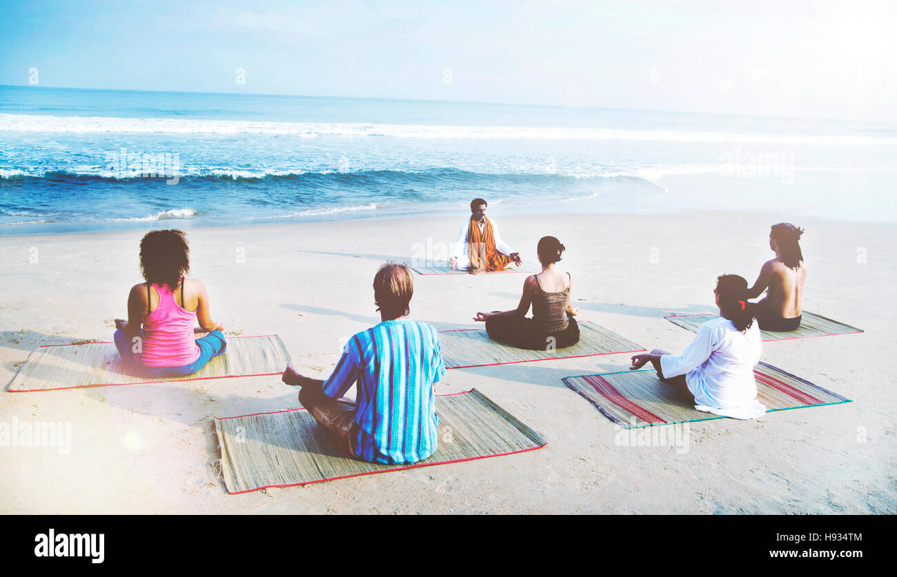 Healthy Yoga Class By The Beach Meditation Concept Stock Photo - Alamy