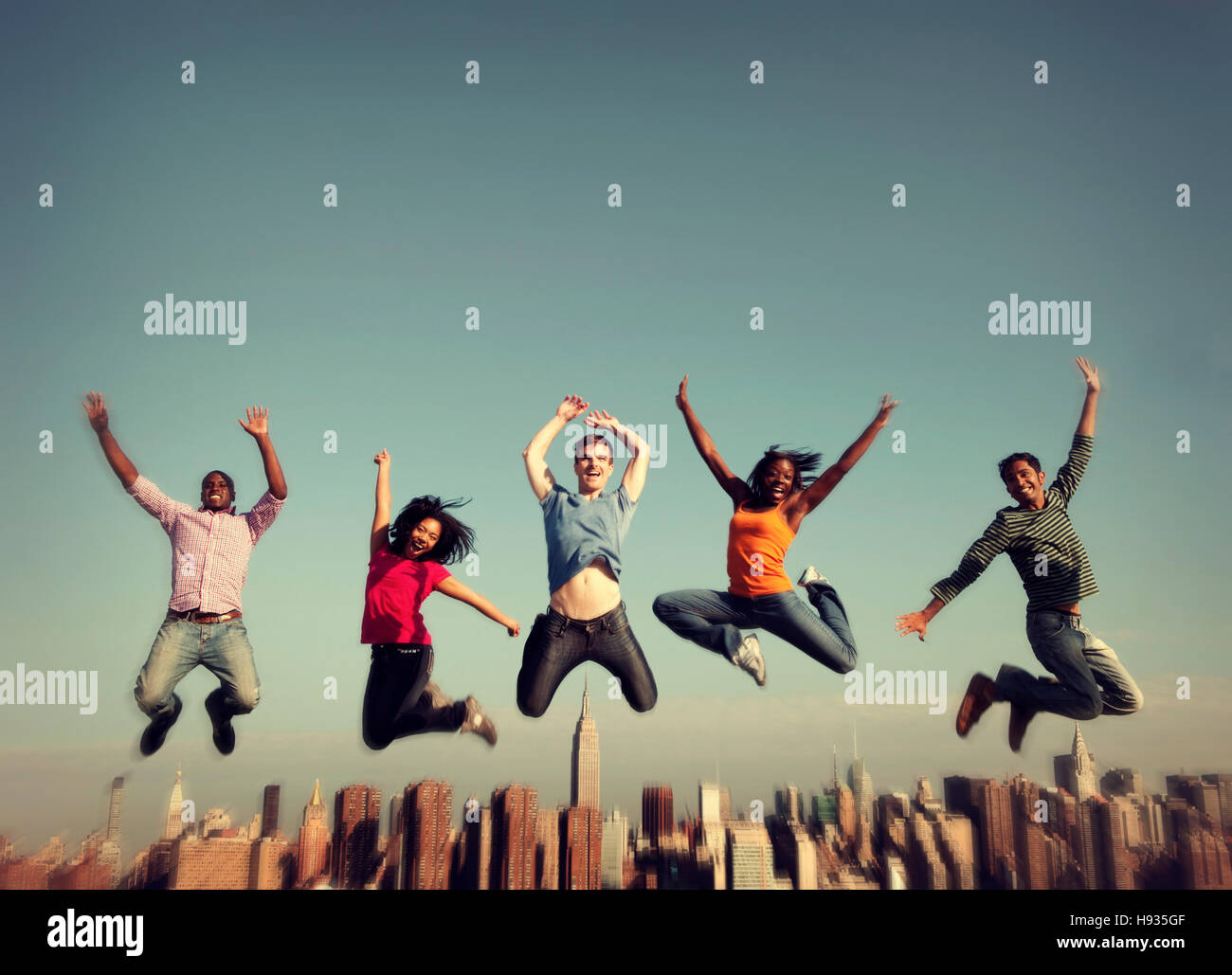 Cheerful People Jumping Friendship Happiness City Concept Stock Photo ...