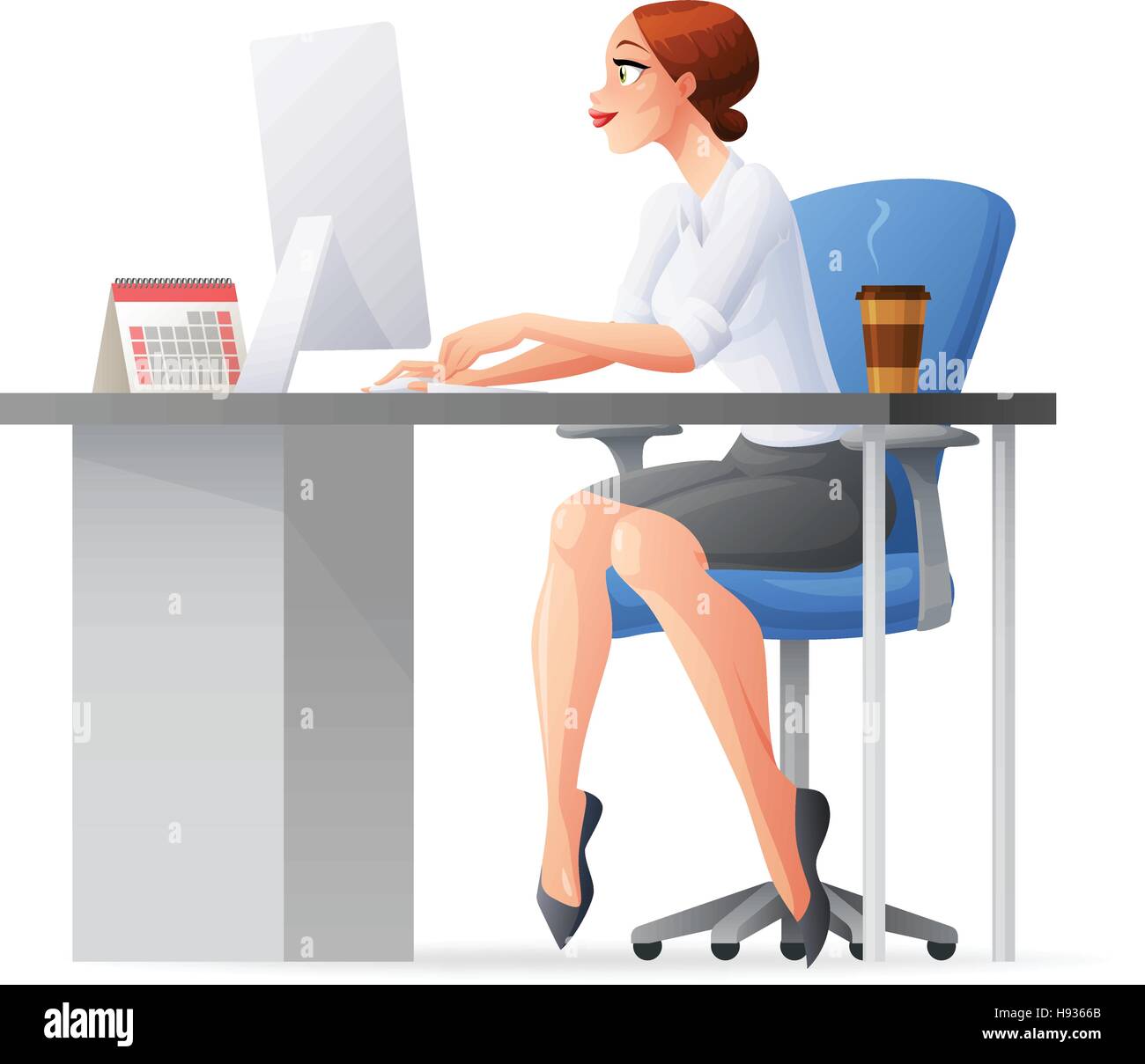 Business woman working in office with desktop computer. Vector ...