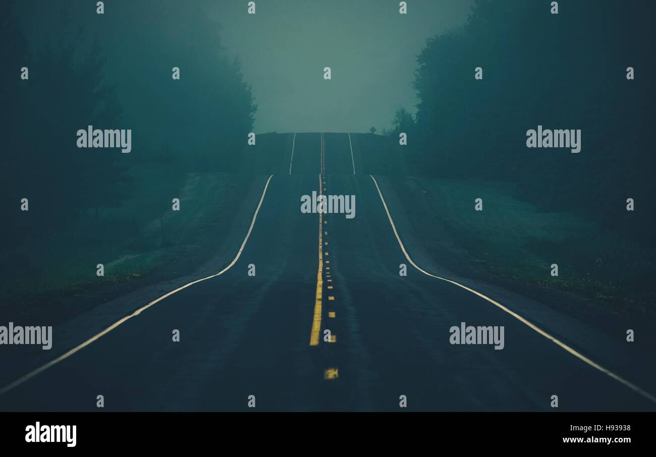 Fog on the Highway. Foggy Road Ahead. Weather and Transportation Theme ...