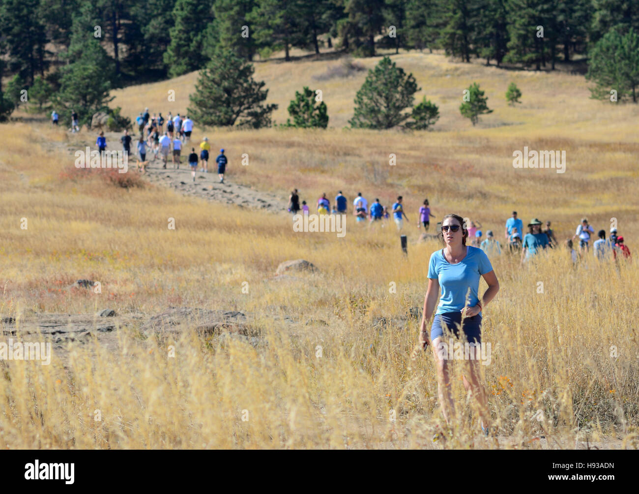 Many, hikers, Flatirons, Green Mountain. Boulder, CO, sunny day, sun ...
