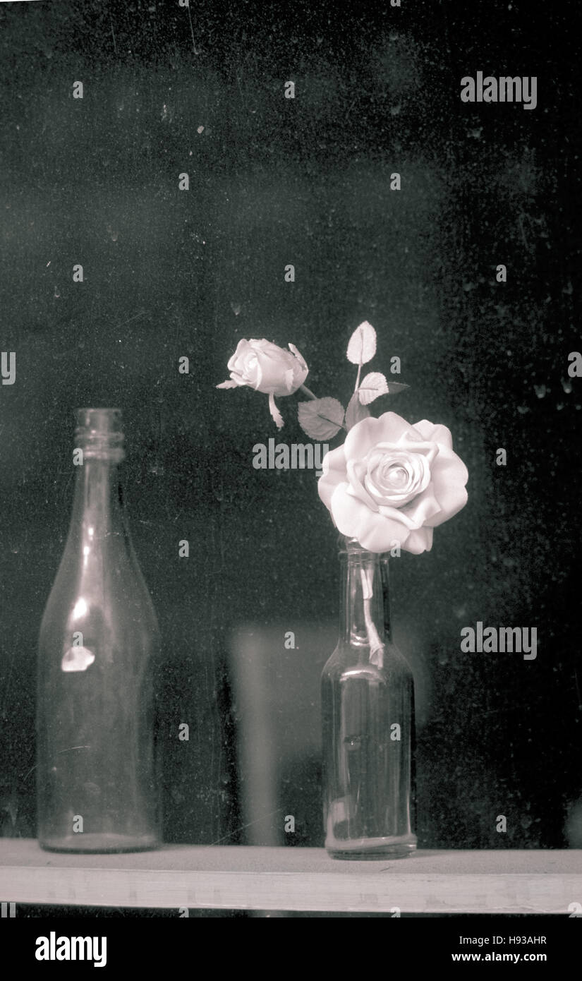 Still life in window of unoccupied building, downtown Leadville, CO ...