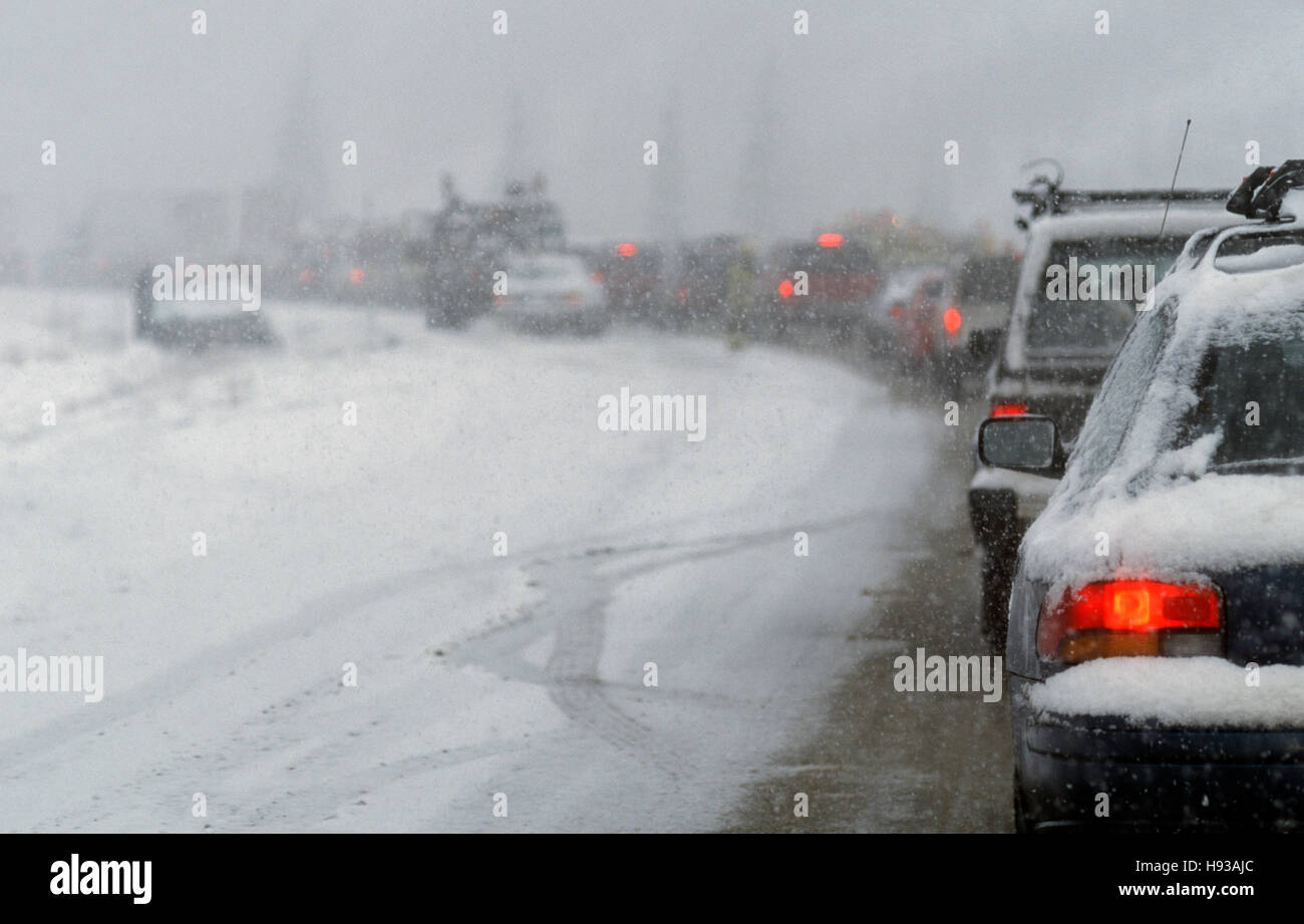 Traffic jam caused by snow and an accident on I-70 in Stock Photo - Alamy