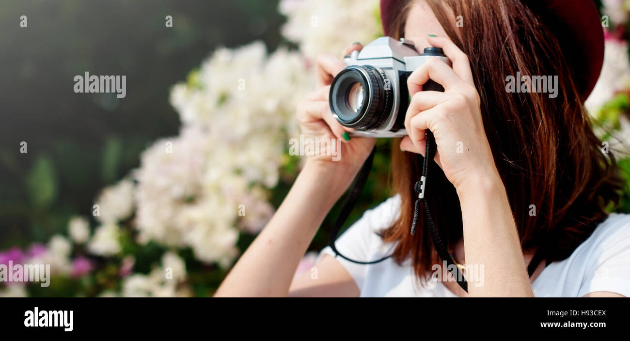 Girl Camera Photographer Focus Shooting Nature Concept Stock Photo - Alamy