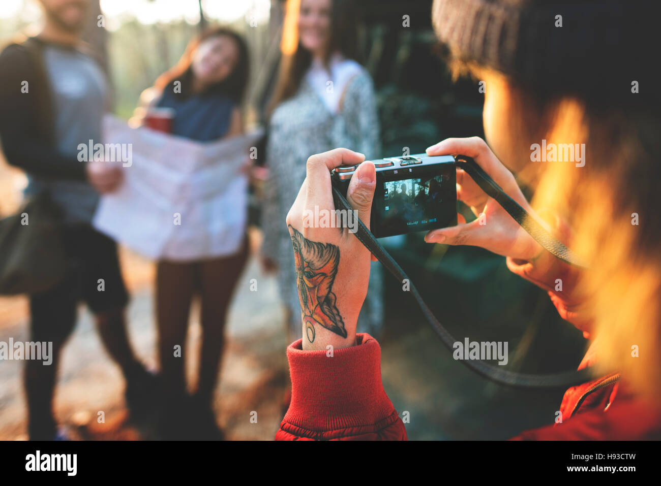 Camping Camera Groups Frinedship Map Concept Stock Photo - Alamy